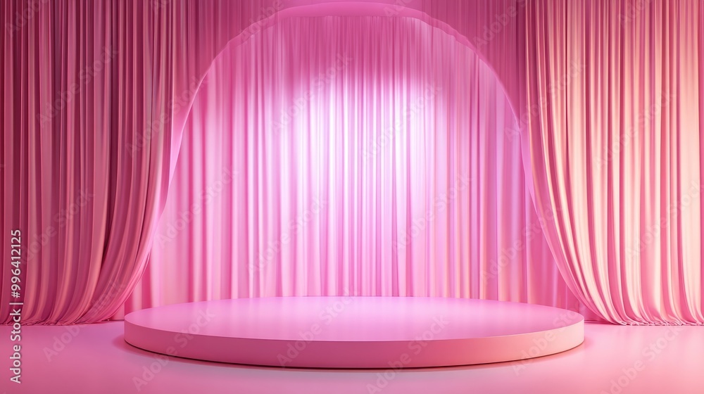 Pink stage with curtains and circular background captured in a studio ...