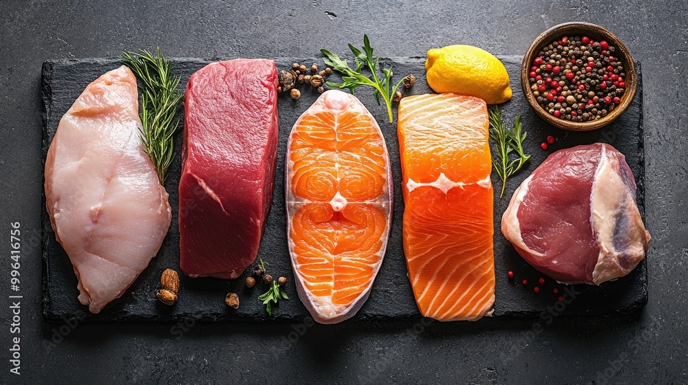 Raw chicken fish and meat displayed on stone surface Lean protein ...