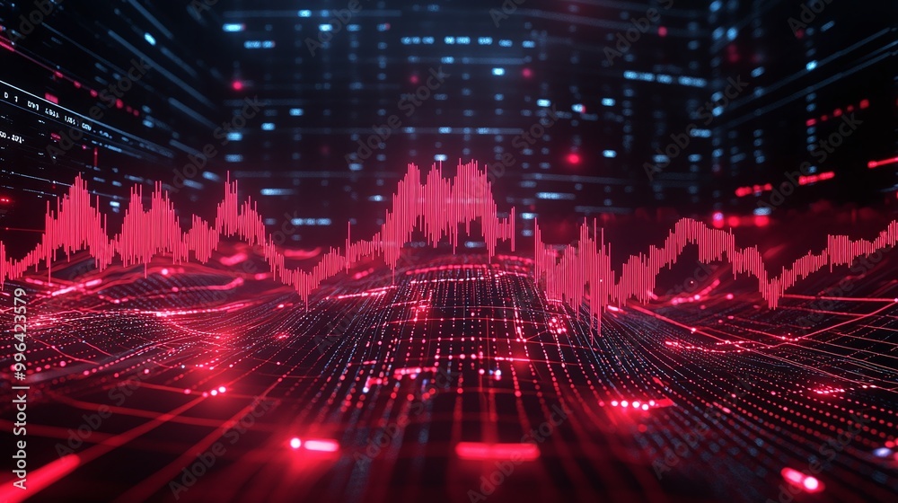 Dynamic red waveform displays data visualization on a digital screen with a futuristic ...