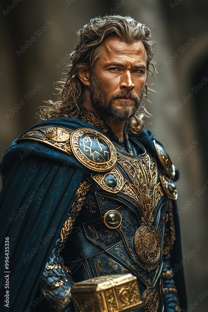 Side view of metallic and gold armor Thor character from Norse ...