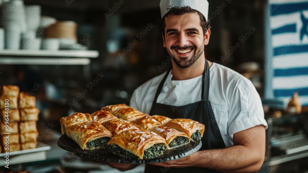 Steaming freshly made Greek spanakopita pastries filled with spinach ...