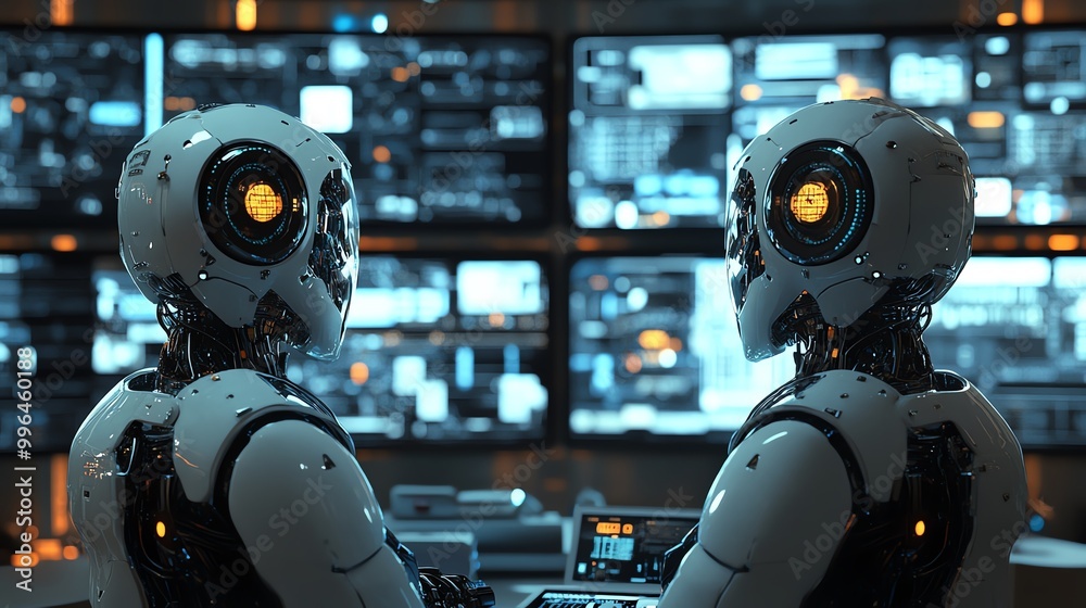 Two humanoid robots stand in a futuristic control room with multiple ...