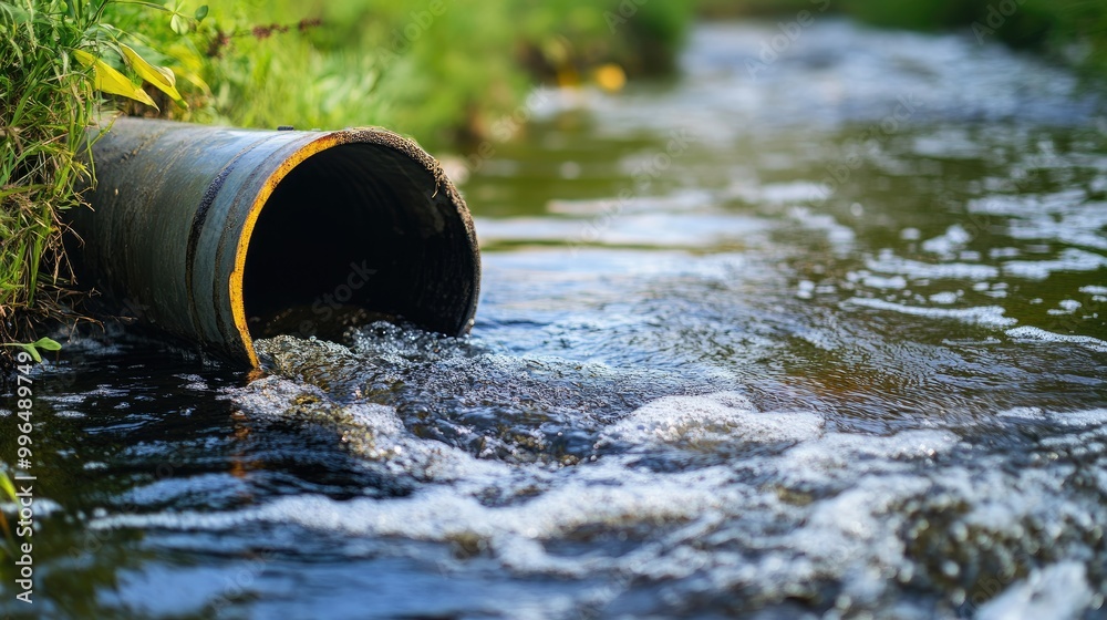 Sewage pipe releasing contaminated water into a river illustrating the ...