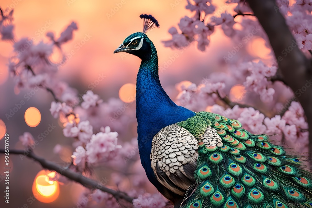A majestic peacock adorned with cherry blossoms on its back posed ...