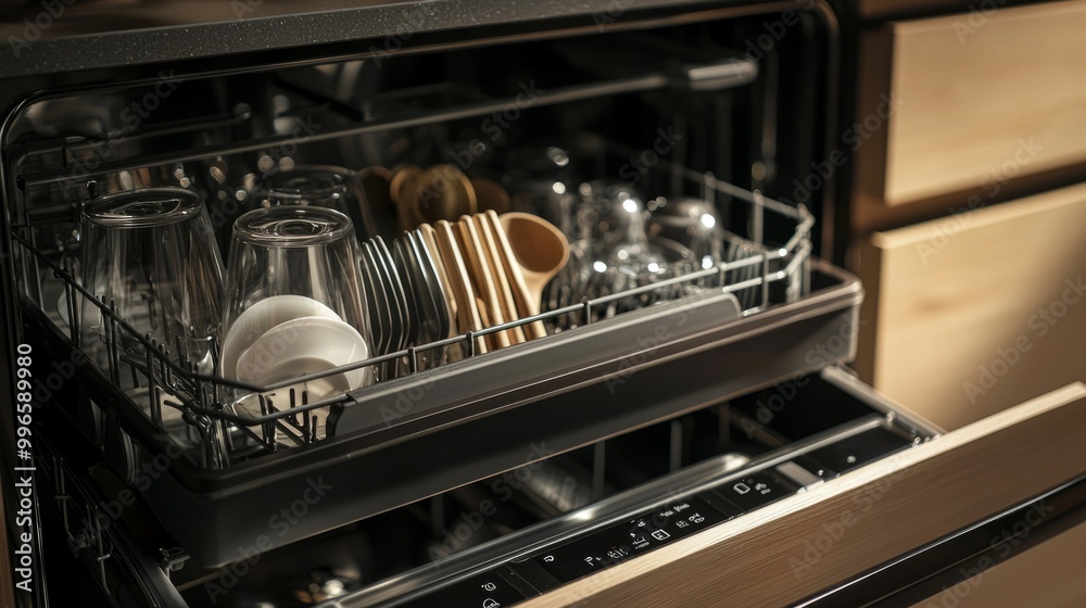 Open built-in dishwasher machine with clean cutlery, dishes, plates in ...