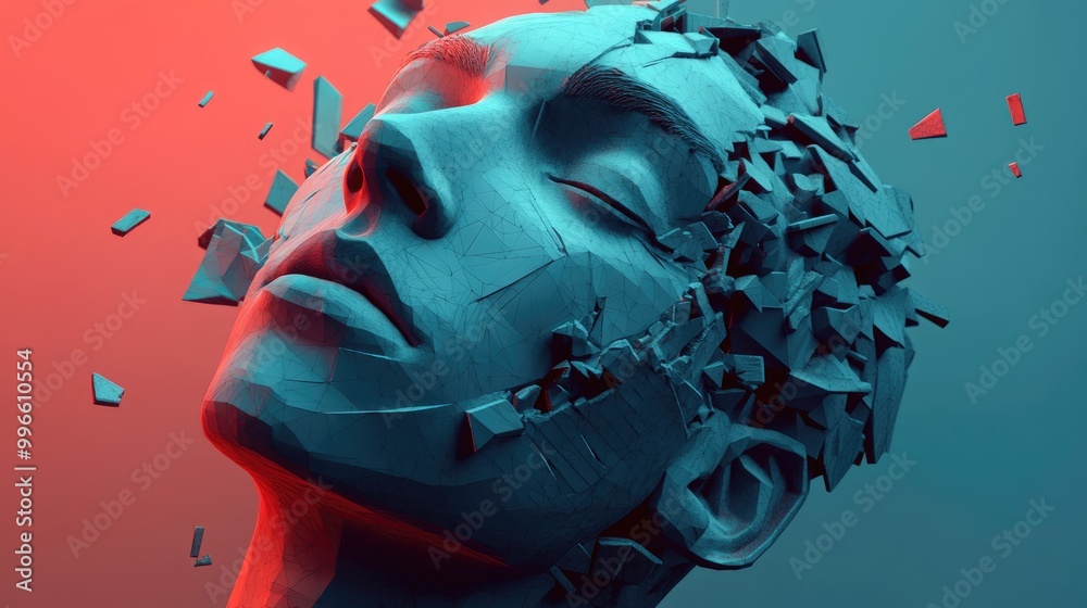 3D model of a fragmented colossal youth head sculpture in a cyberpunk ...