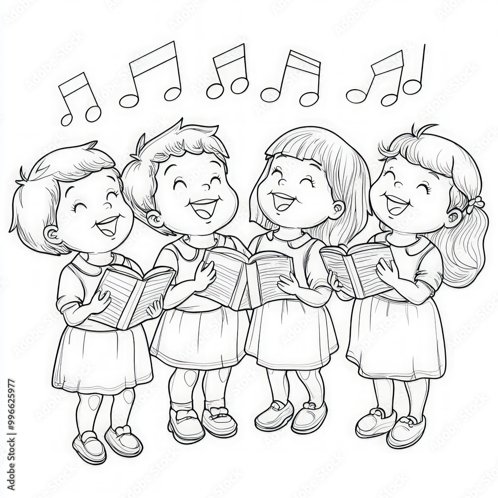 A cheerful group of children singing together, coloring page for kids ...