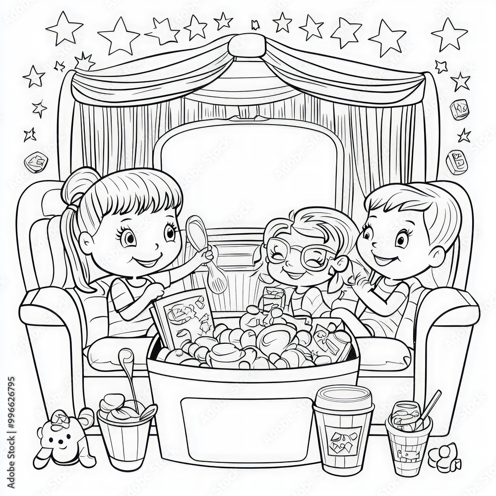 A cozy movie theater with kids enjoying a film, coloring page for kids ...
