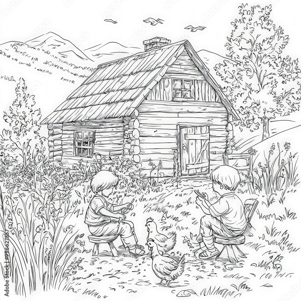 A farm scene with children feeding chickens, coloring page for kids ...