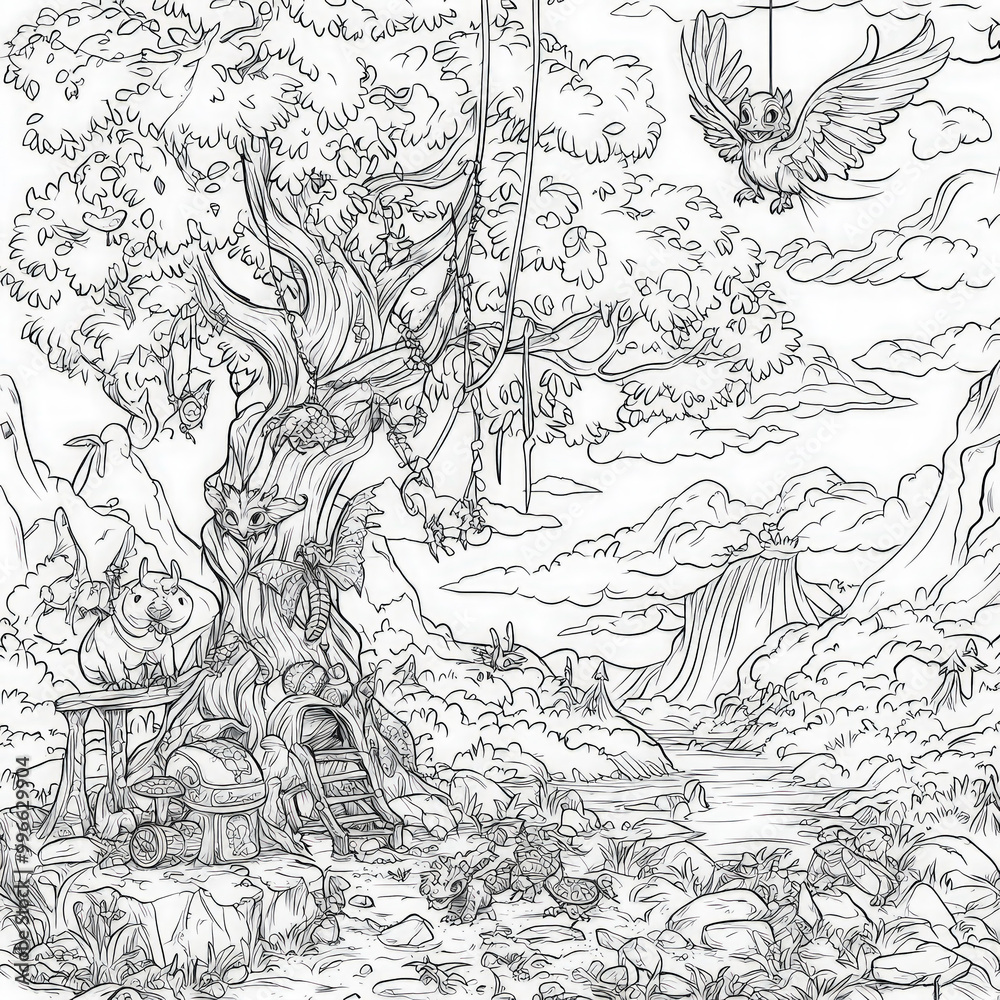 A magical tree with hidden creatures, coloring page for kids, simple ...