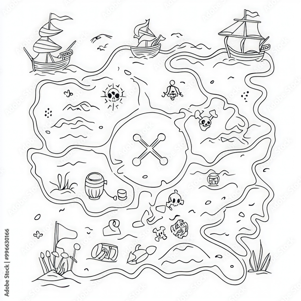 A pirate-themed treasure map with X marks the spot, coloring page for ...