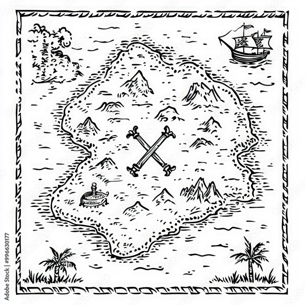 A pirate-themed treasure map with X marks the spot, coloring page for ...