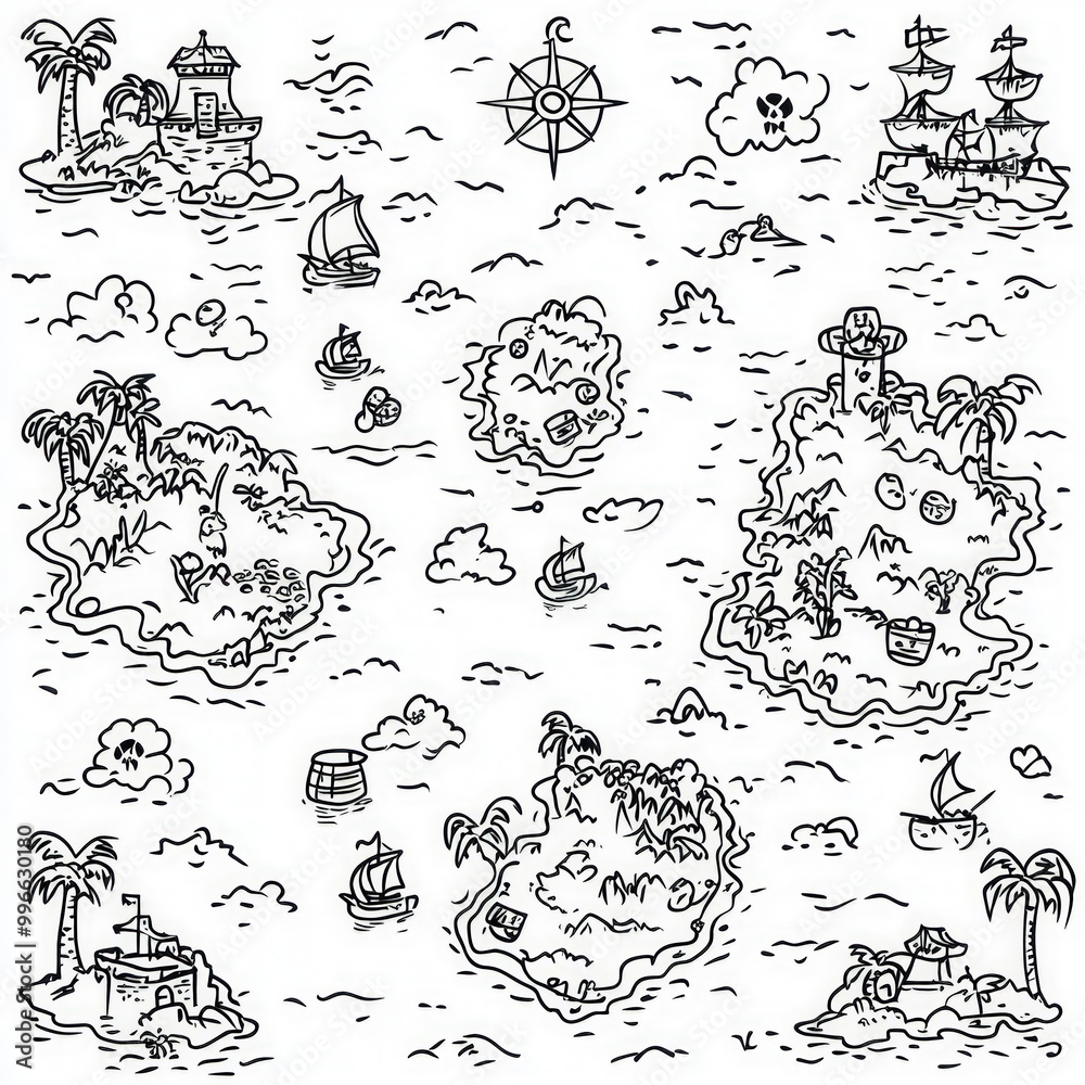 A pirate treasure map with hidden locations, coloring page for kids ...