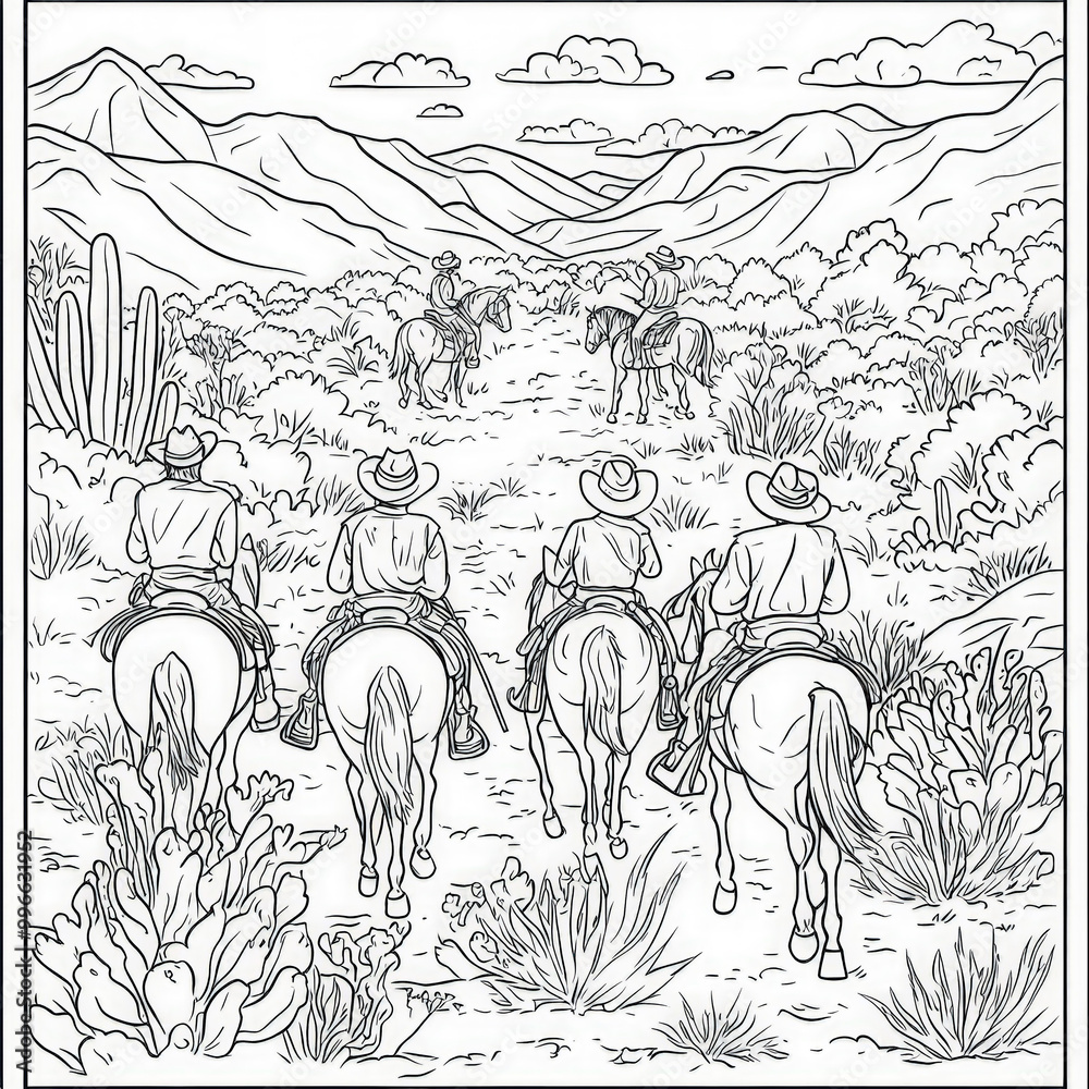 A wild west scene with cowboys and horses, coloring page for kids ...