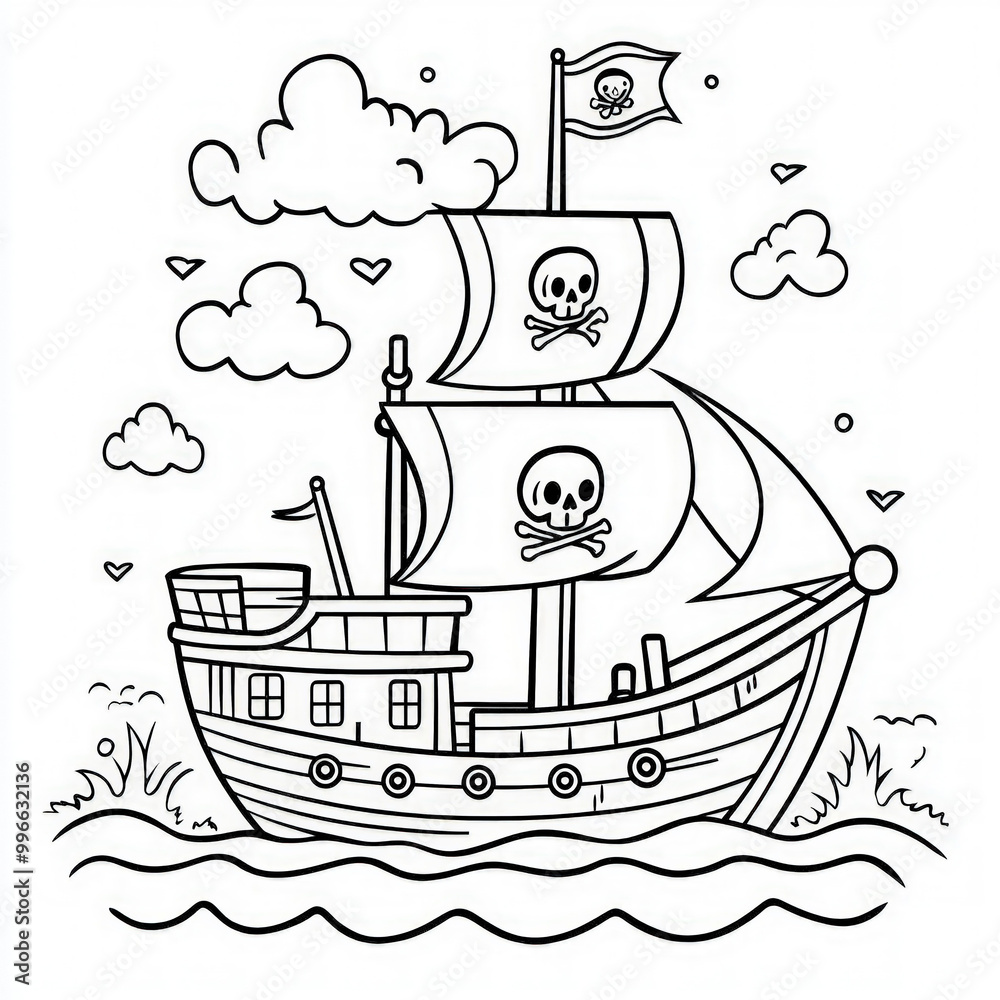 An adventurous pirate ship sailing the ocean, coloring page for kids ...