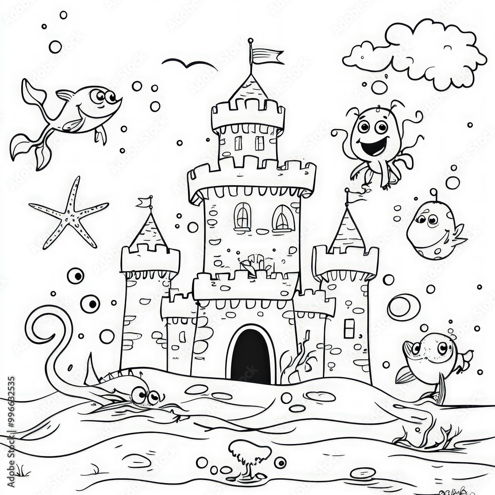 An underwater castle guarded by friendly sea creatures, coloring page ...