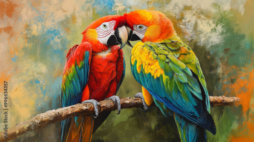 Depict a pair of parrots together, showcasing their social nature and ...