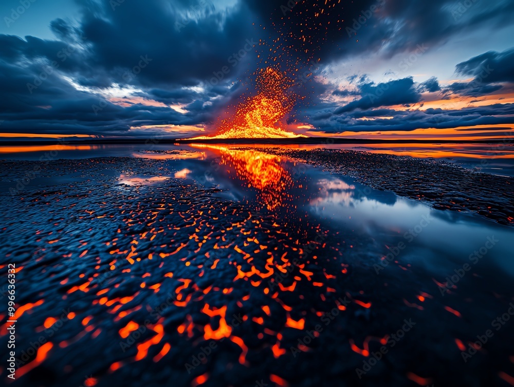 Molten lava spewing sparks into a dark sky, with fiery reflections ...