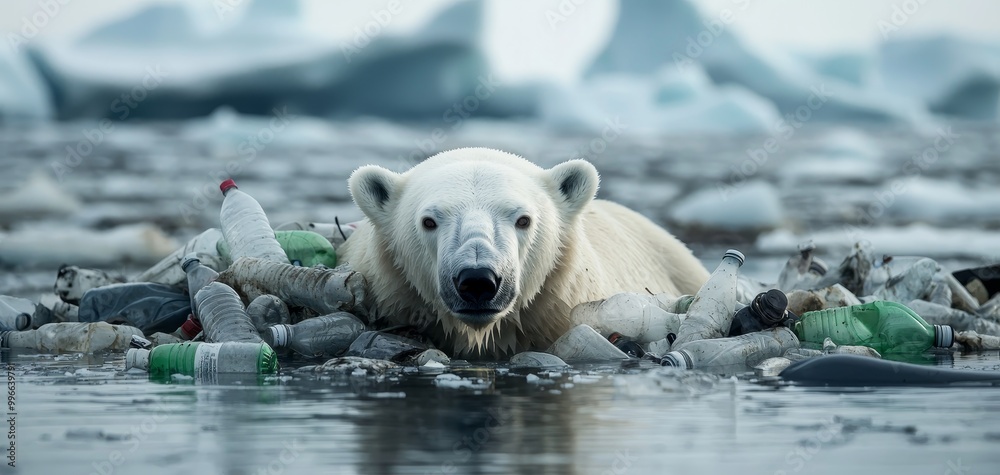 Majestic Polar Bear Amid Plastic Pollution Crisis - Close-up ...