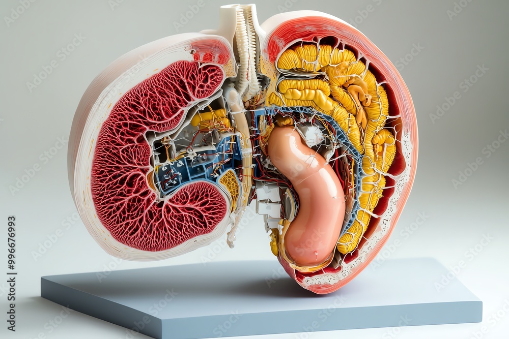 Hyper-Realistic cross-section of the pancreas, showing its connection ...
