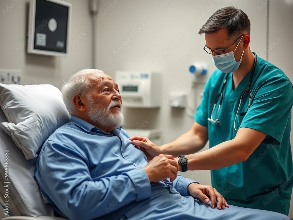 Amazing high resolution photos of serious male nurse assisting pensioner in treatment room ...