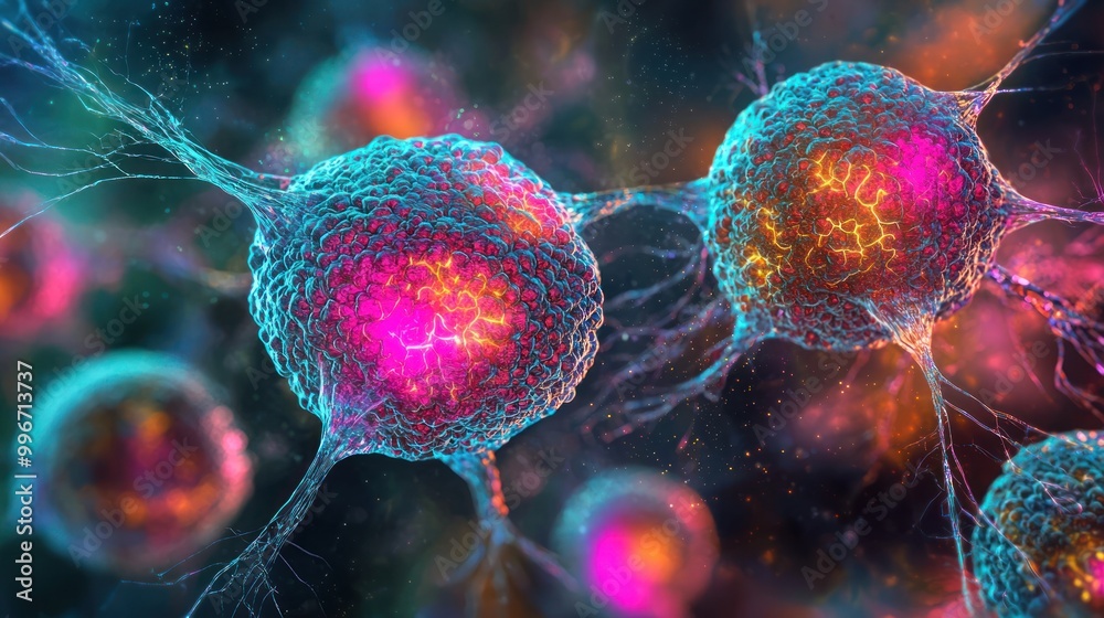 Microscopic image of brain tumor cells, with bright colors to highlight ...