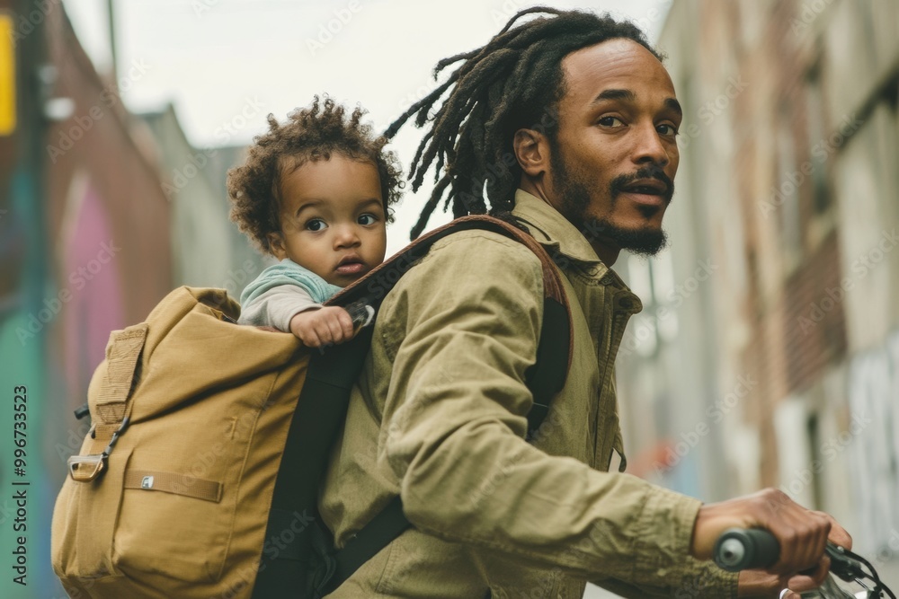 Foto de Stock Father's Day - diverse man father with dreadlocks biking ...