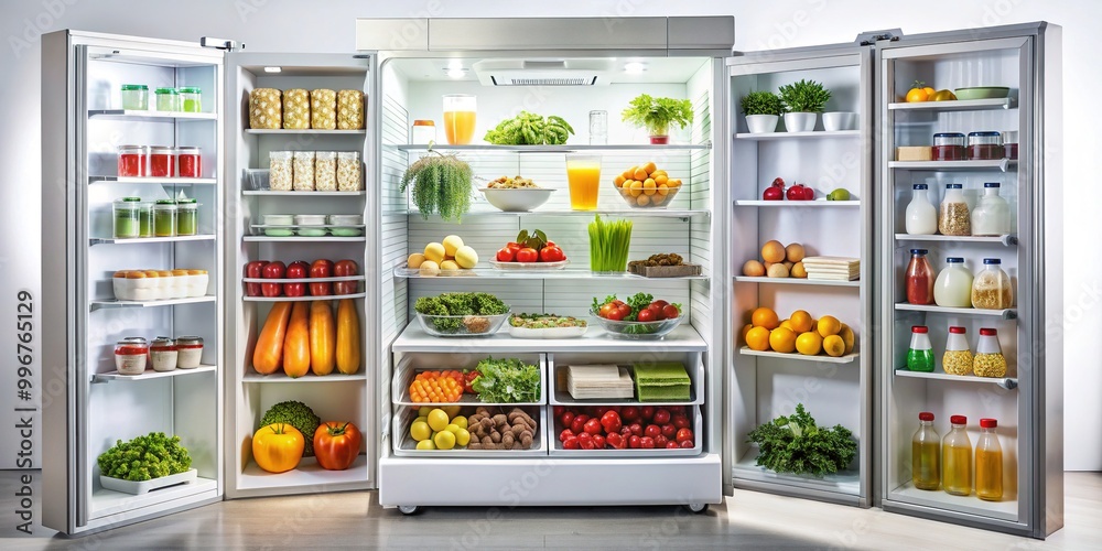 Sparkling clean and fully stocked, a brand new refrigerator is filled ...