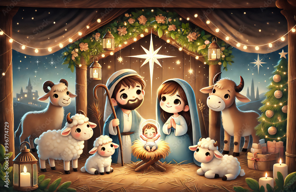Cute cartoon fairy-tale illustration representing the holy family ...