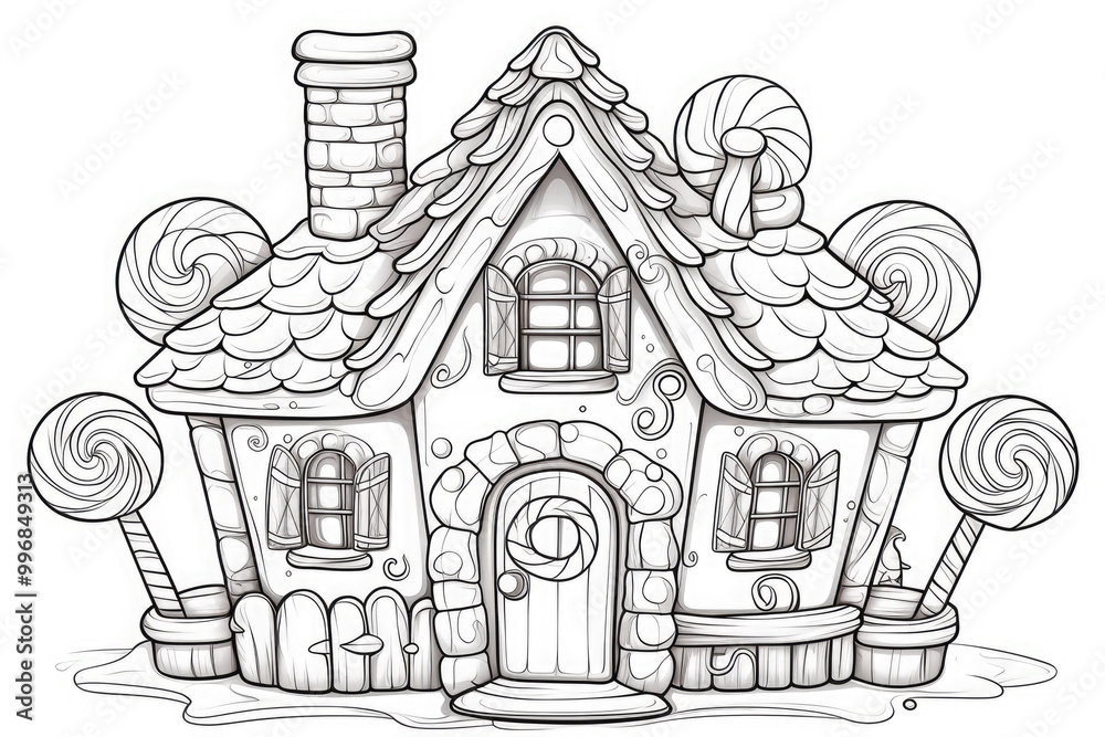 Coloring page showing a whimsical christmas gingerbread house decorated ...