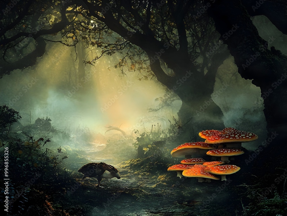 Primeval mist veiled clearing in a timeless primal forest with dramatic ...