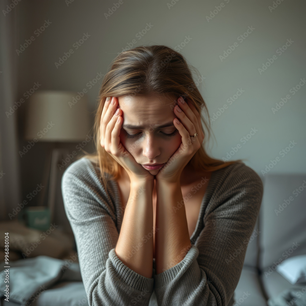 Young woman sitting alone on sofa, catching head, looking down, moment of deep sadness and doubt ...