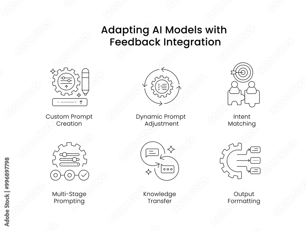 Adapting AI Models with Feedback Integration. Icons included: Knowledge Transfer, Dynamic Prompt ...
