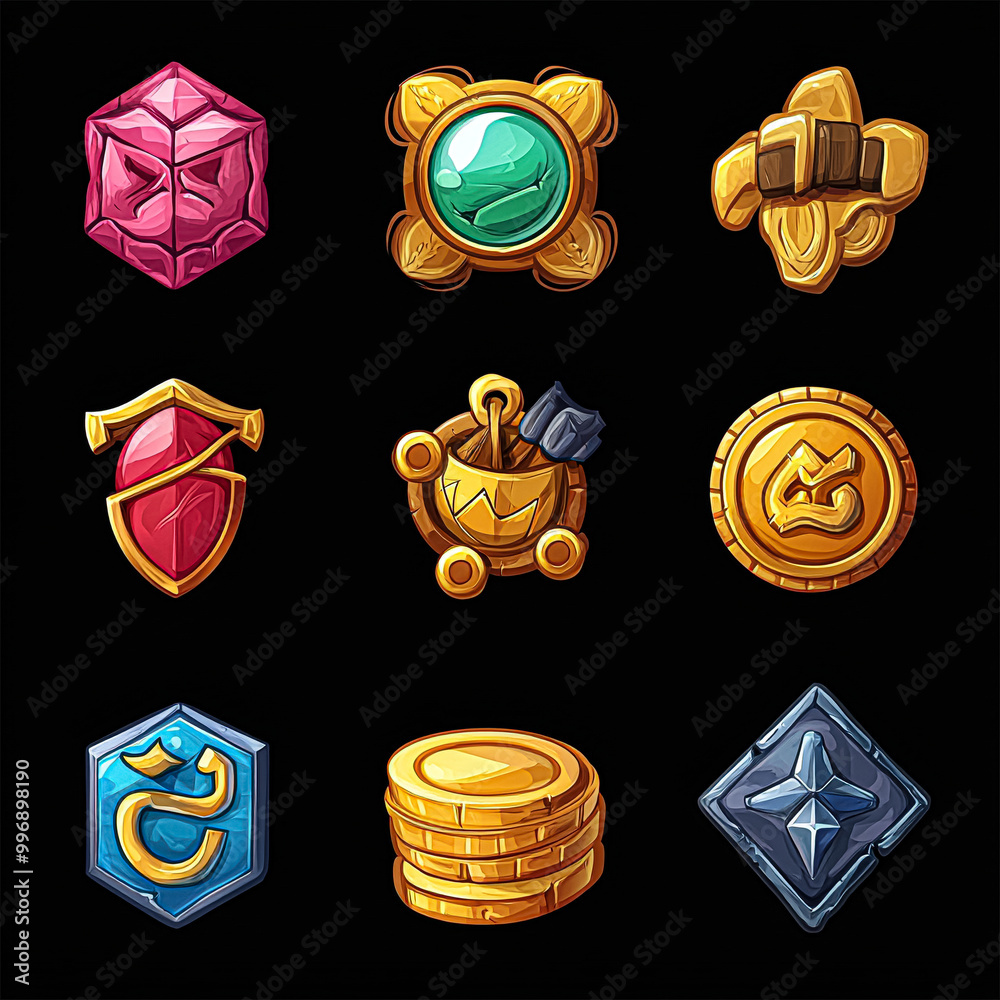 Rpg Game Icon Pack Cartoon Style Ui Elements Fantasy Coins Gear Settings Icons Vector