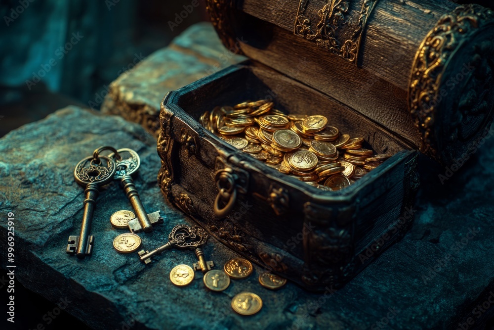 Ancient treasure chest filled with gold coins and vintage keys ...
