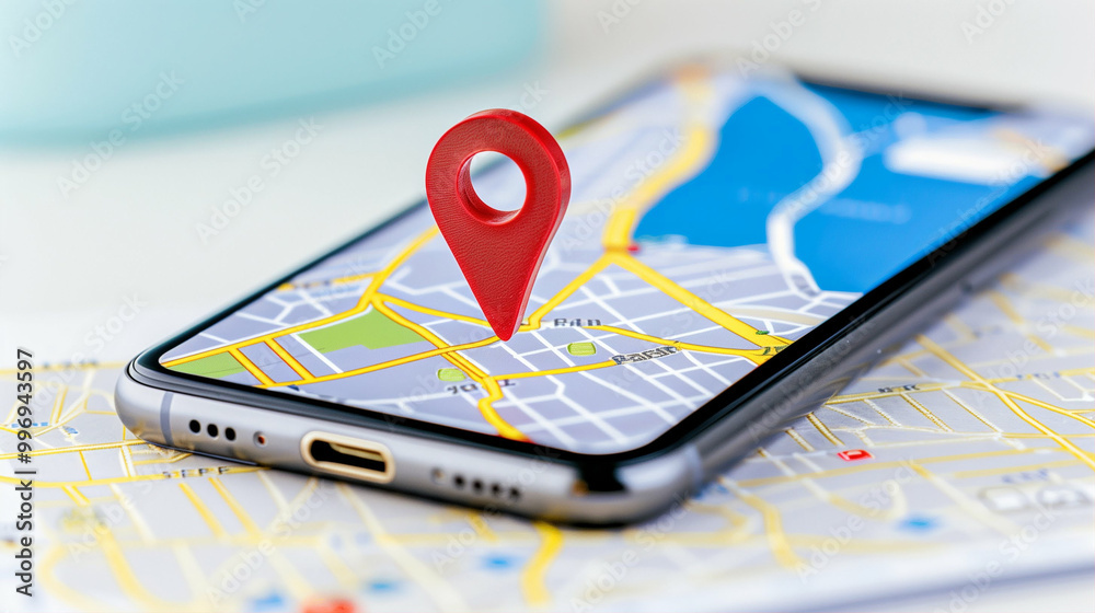 Smartphone with map location pin on display showing navigation and GPS ...