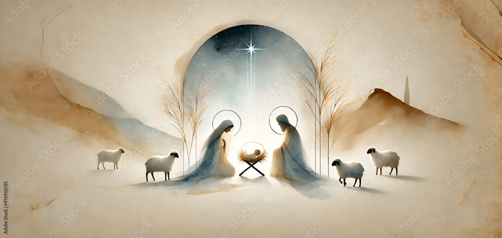 Watercolor painting representing Nativity scene in Bethlehem. Christmas ...