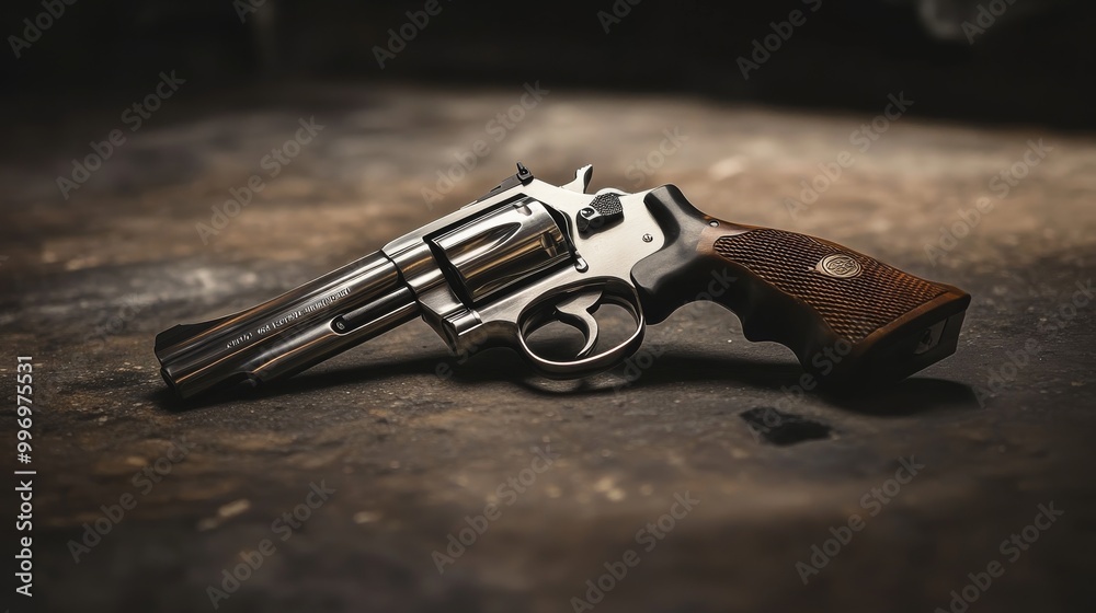 A stainless steel .44 magnum revolver, with both short and long barrels ...