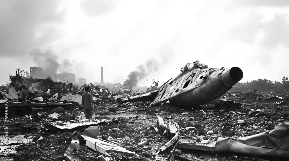 A post-apocalyptic scene with a crashed and burning airplane amidst ...
