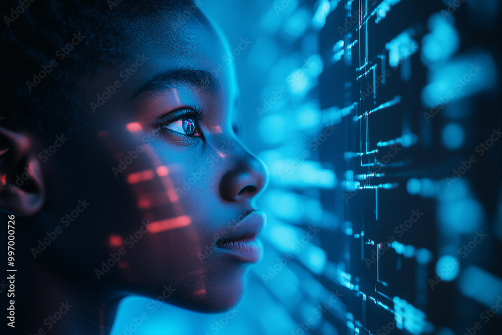 Black African American student coding and learning about machine ...