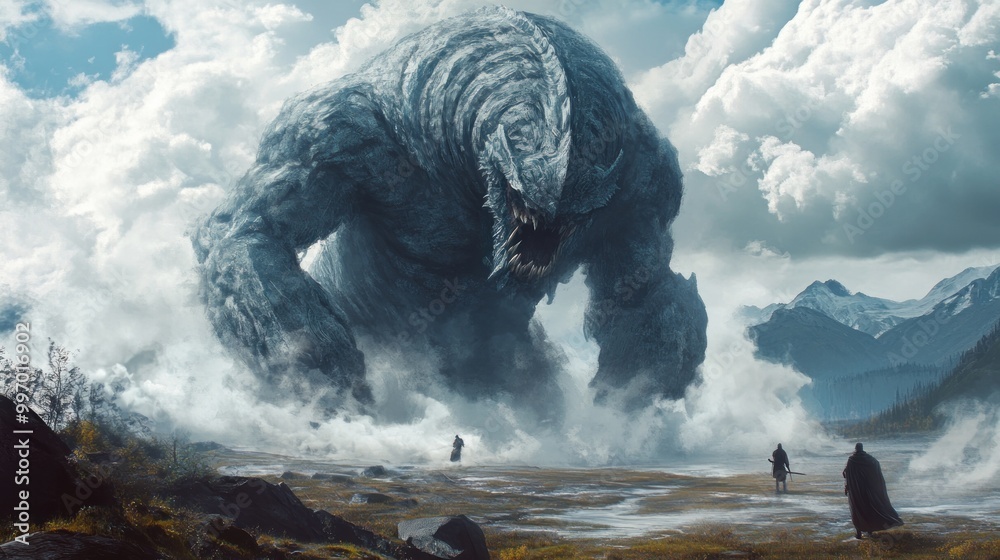 Giant mythological monster fight small knight moment dramatic ...