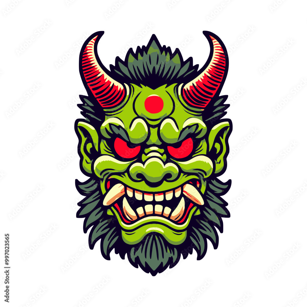 Vector Oni Mask Illustration With horns - Traditional Japanese Demon ...