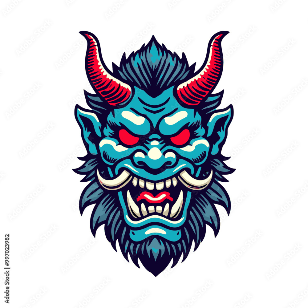 Vector Oni Mask Illustration With horns - Traditional Japanese Demon ...