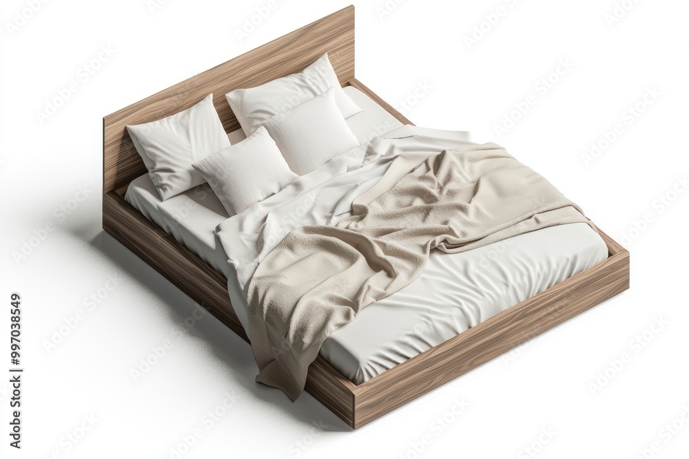 Aerial view of a guest room featuring a low platform bed, presented in ...