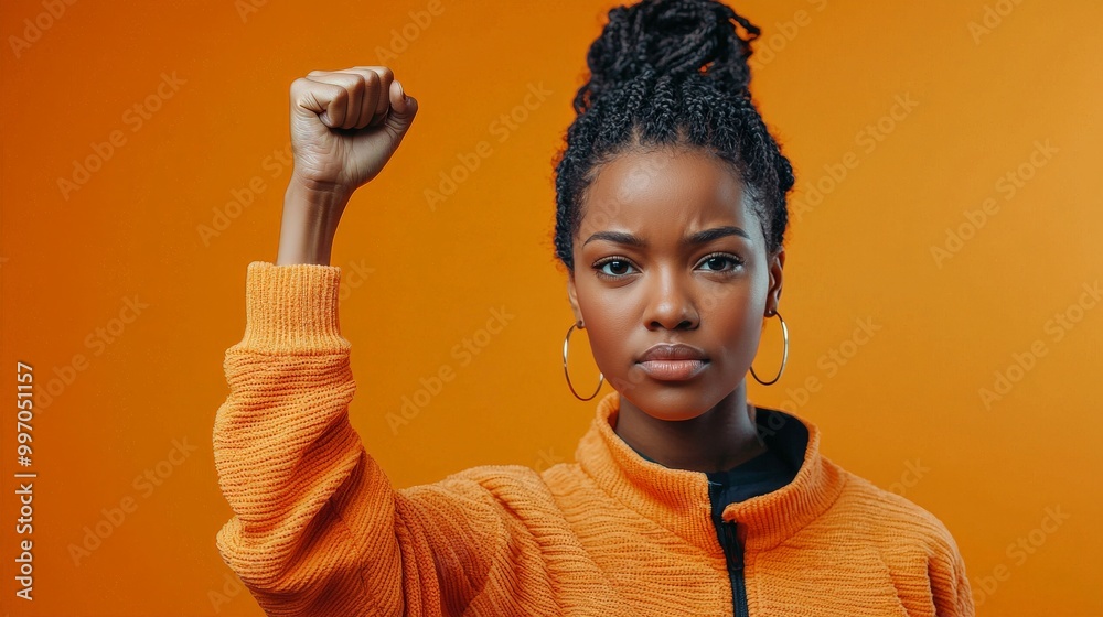 Young woman raising her fist in a powerful pose against an orange ...