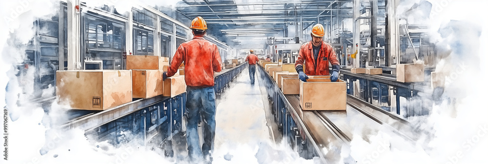 Watercolor painting of workers loading goods into boxes along a ...