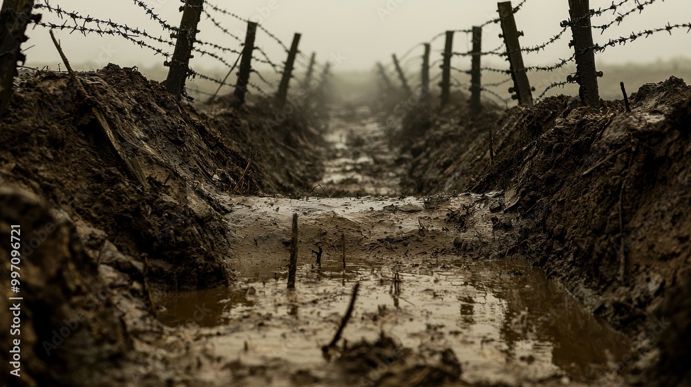 A stark view of soldiers in muddy World War I trenches, surrounded by ...