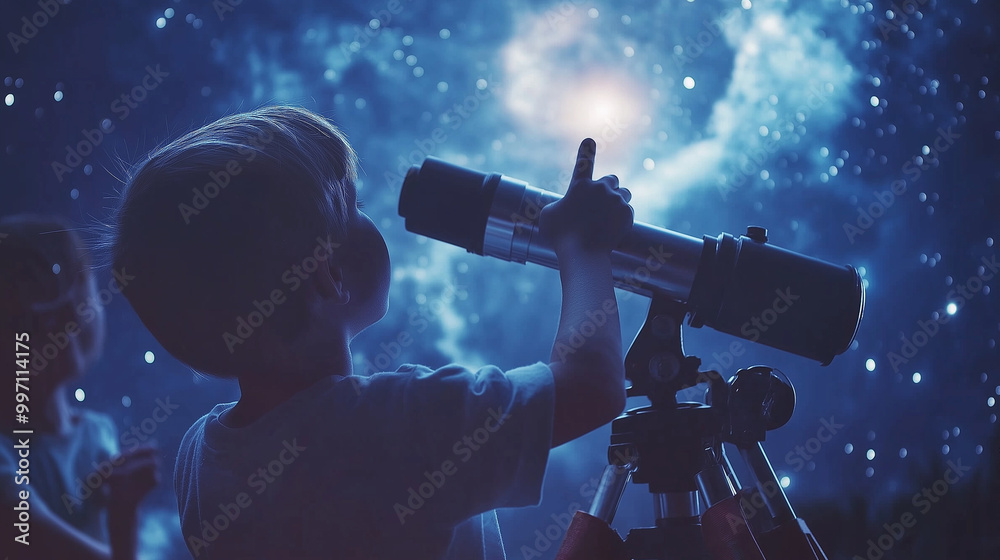 Child looking through a telescope at the starry sky, exploring the ...
