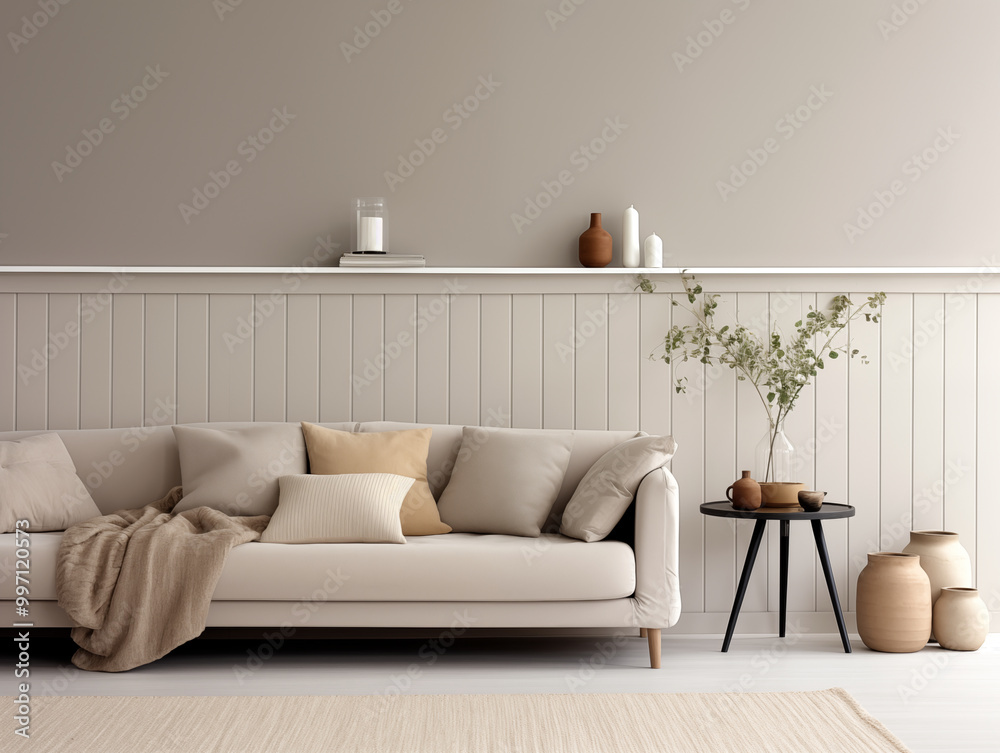 Living room interior in modern and classic styles with wooden panneling ...