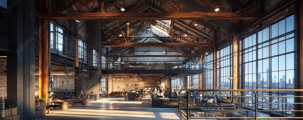 An expansive industrial loft with high ceilings, large wooden beams ...